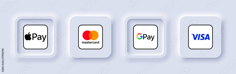 Payment set icon. Mastercard, Visa, Apple pay, Google pay, contactless payment, order, bank ...
