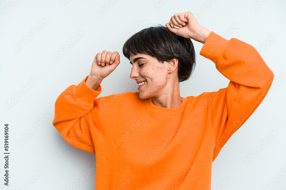Young caucasian woman with a short hair cut isolated celebrating a ...