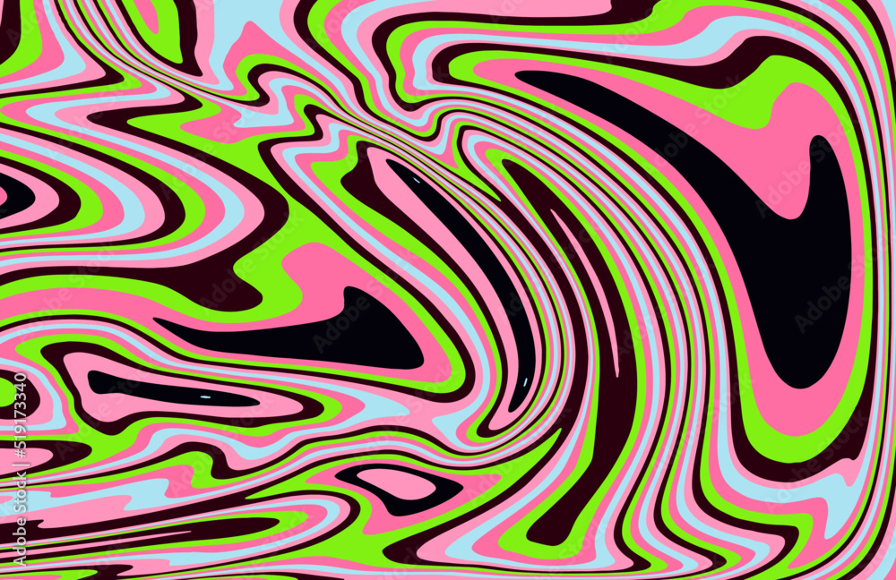The 1970s-style wavy retro background in a psychedelic bright acidic ...