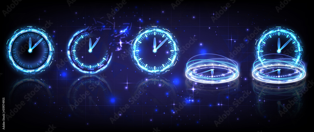 Time machine, fade, timer and deadline. Sci-fi digital time collection ...