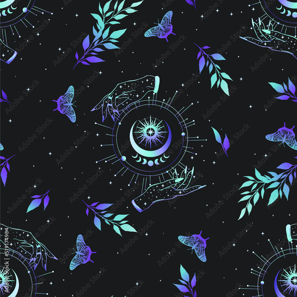 Magic vector illustration of hands and moon in violet colors. For print ...