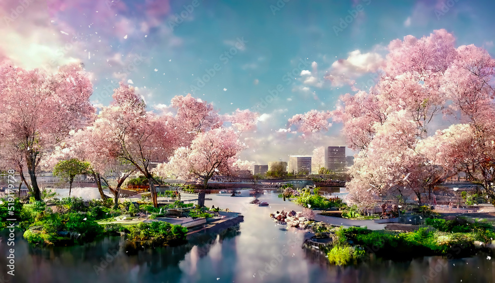 Japanese sakura blossom, Japanese garden, sunny cityscape, river, sunny ...