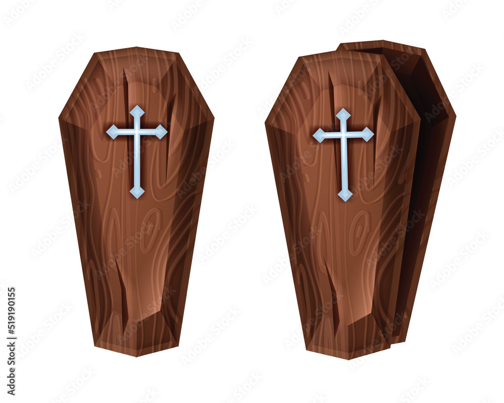 Halloween wooden coffin vector icon, cartoon spooky cemetery box, metal ...