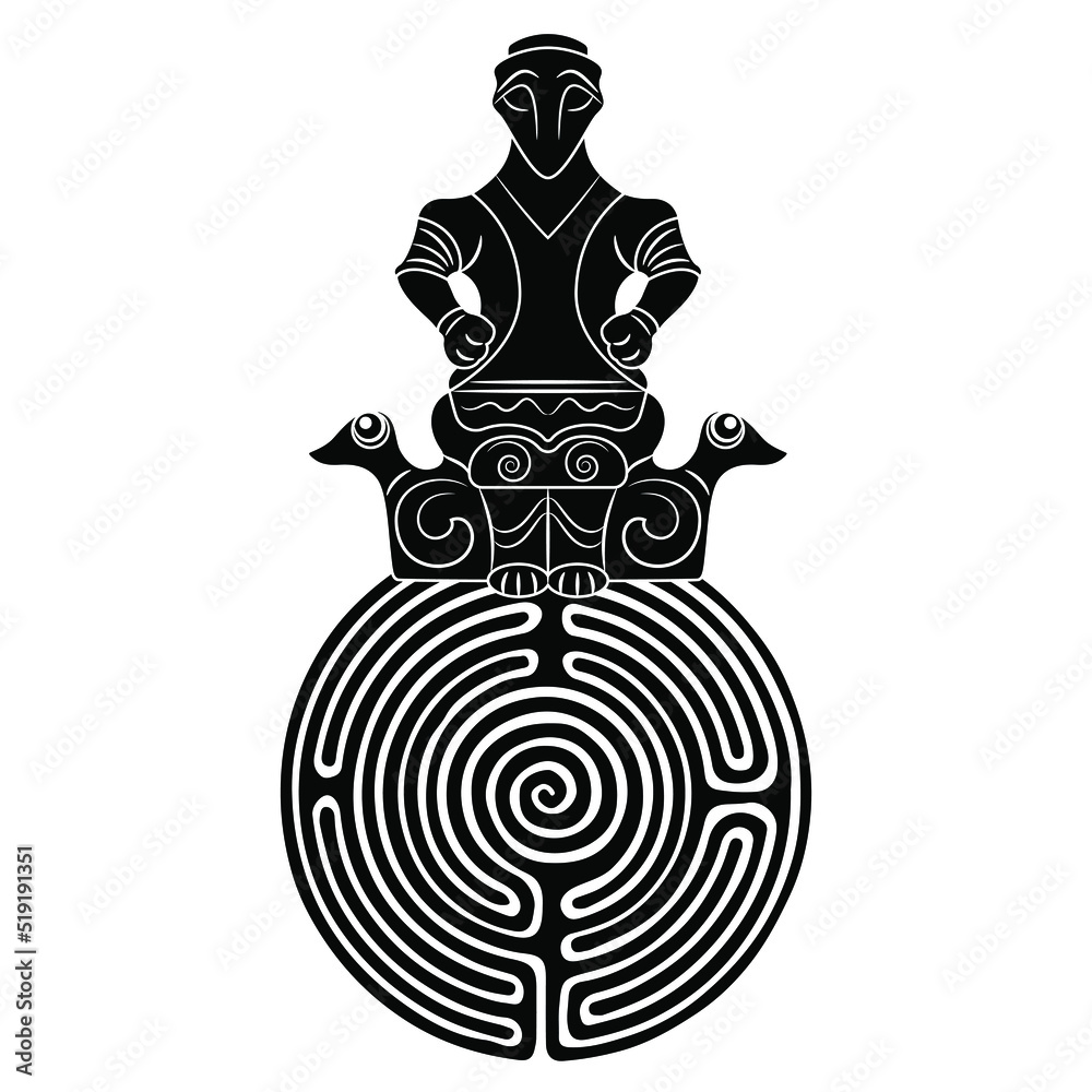 Neolithic goddess or woman sitting on two birds on top of a round ...