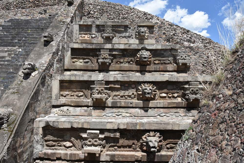 Tlaloc and Quetzalcoatl High Relief Busts on Pyramid of the Feathered ...