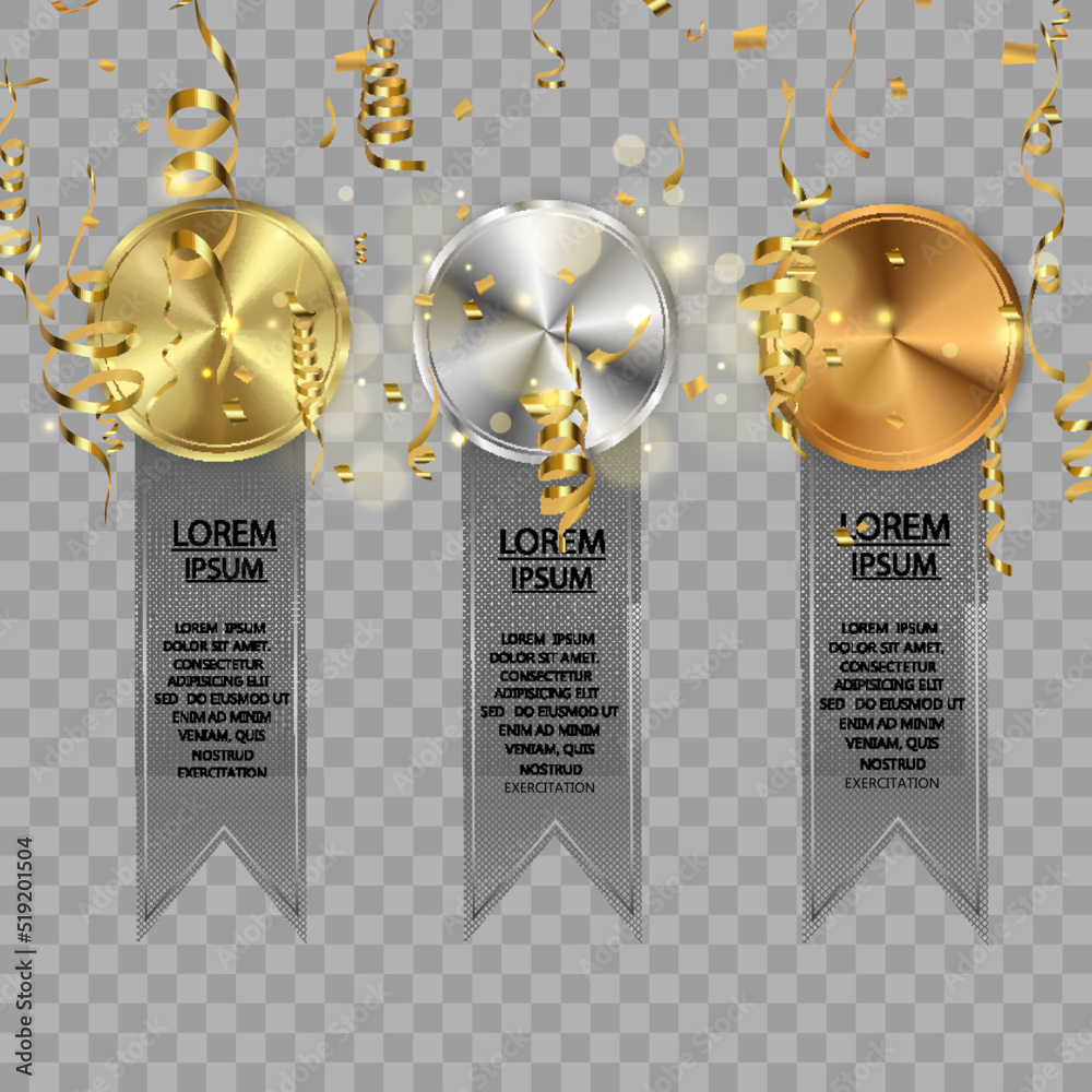 Set of gold, bronze and silver. Winner award competition, prize medal ...