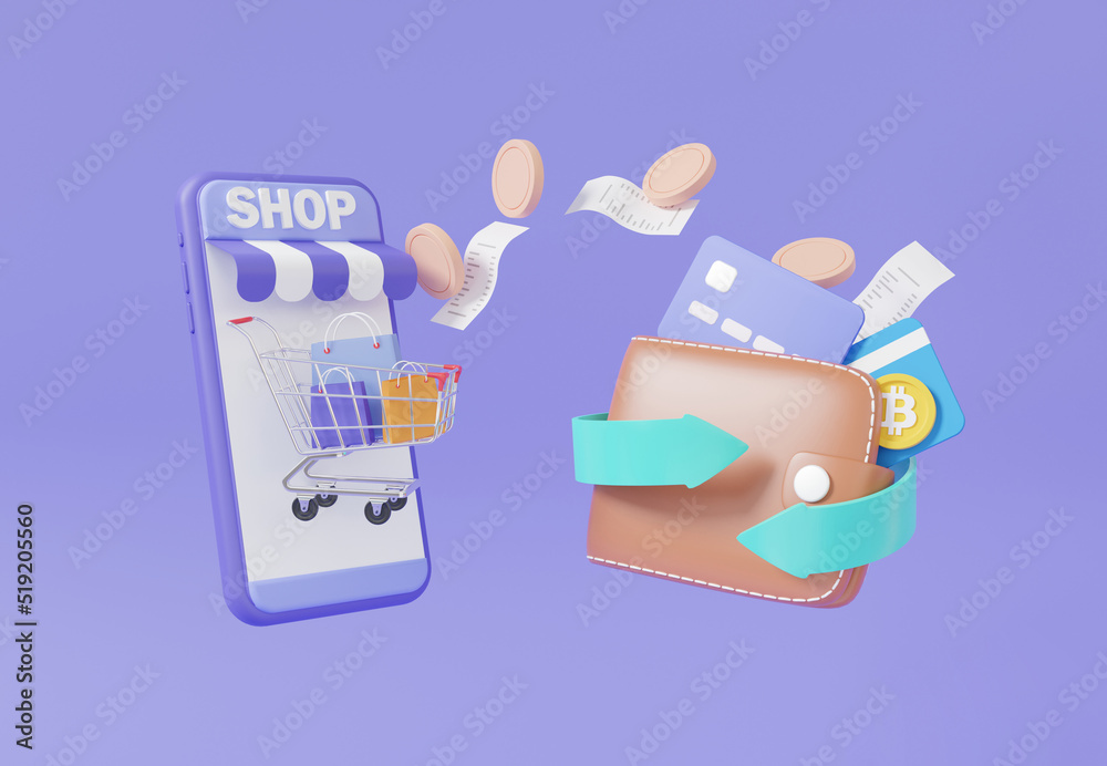 Cartoon minimal cash back in wallet shopping online refund with coins ...