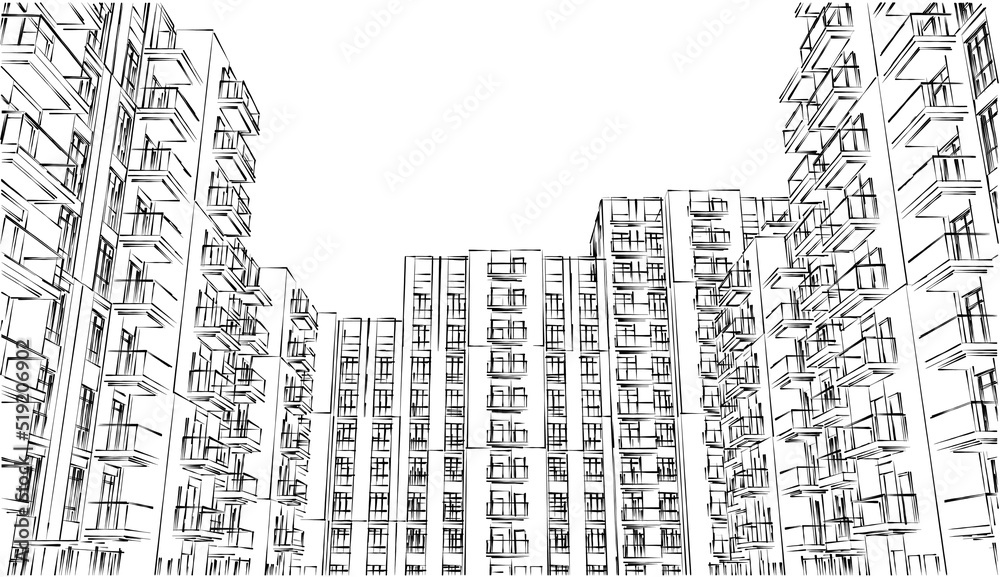 3d illustration of a crowded residential complex. Homes with balconies ...