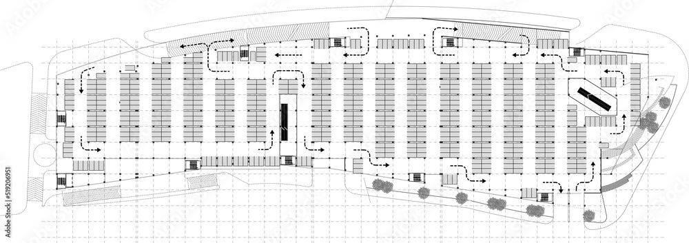 2d conceptual architectural drawing of a closed parking lot at basement ...