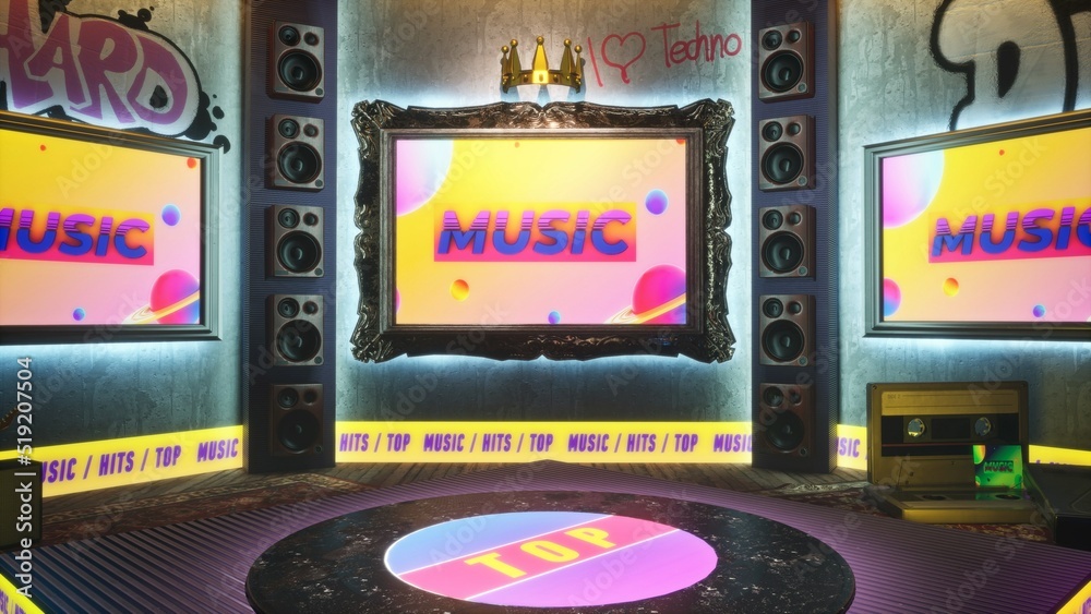 3D rendering Virtual studio with music stage. Displays with screen ...