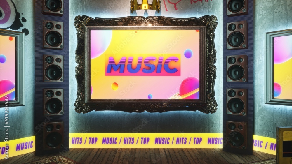 3D rendering Virtual studio with music stage. Displays with screen ...