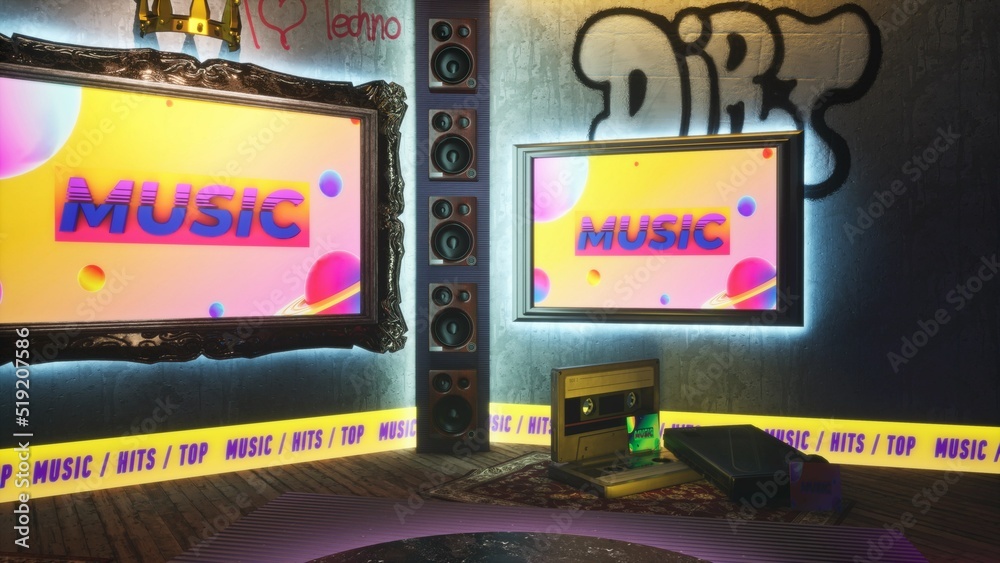 3D rendering Virtual studio with music stage. Displays with screen ...