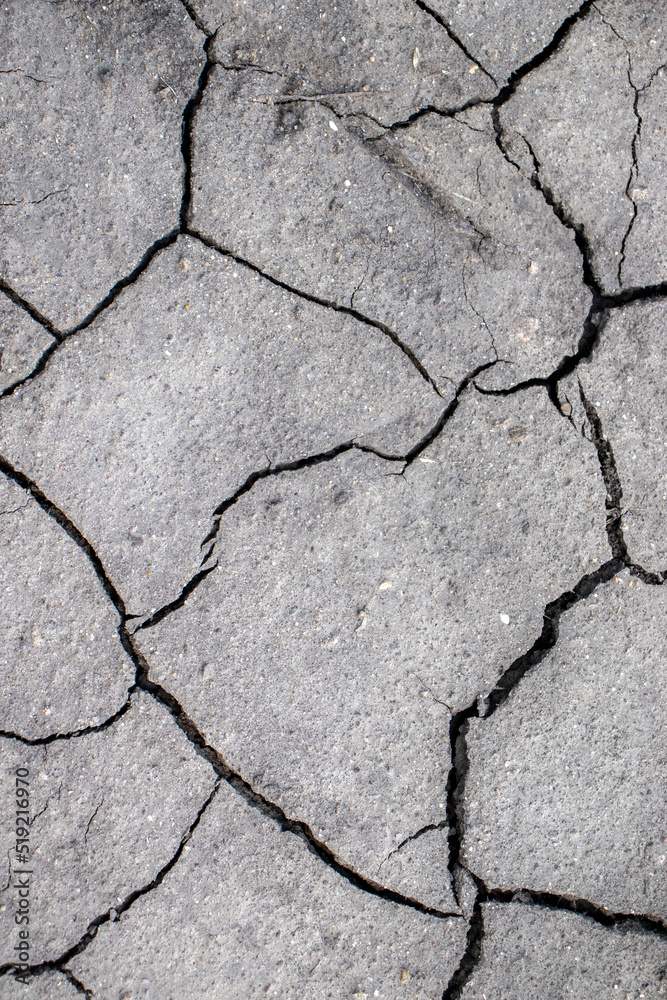 Cracks and defects of the ground surface close-up. Geological damage to ...