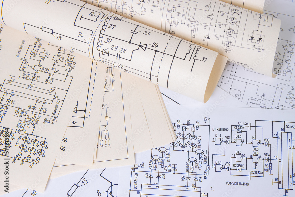Printed drawings of electrical circuits. Science, technology and ...