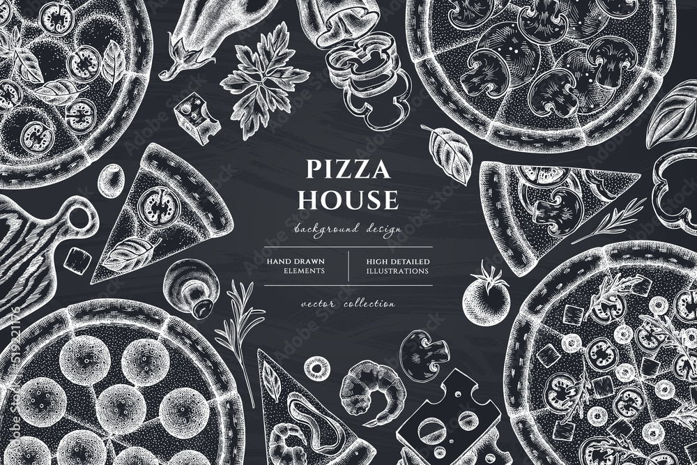 Pizza hand drawn illustration design. Background with chalk greek ...