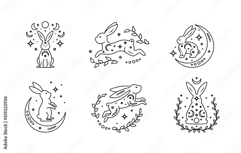 Set of celestial animal rabbits. Magic bunnies. Black outline magical ...