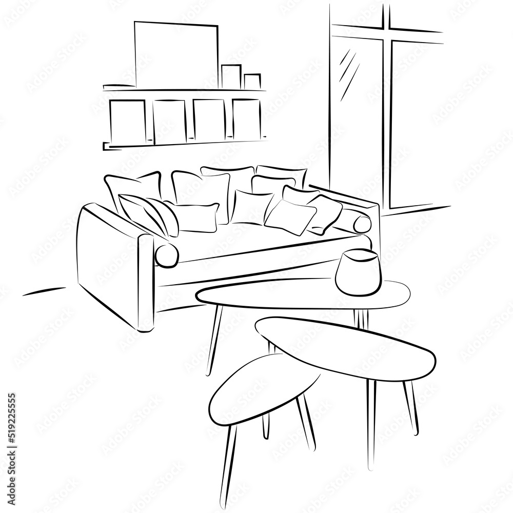 Sketchy illustration of living room interior.Vector hand drawing Stock ...