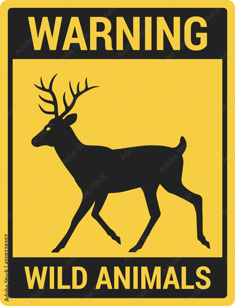 Wild animals - warning sign. Silhouette of a running deer on a yellow ...