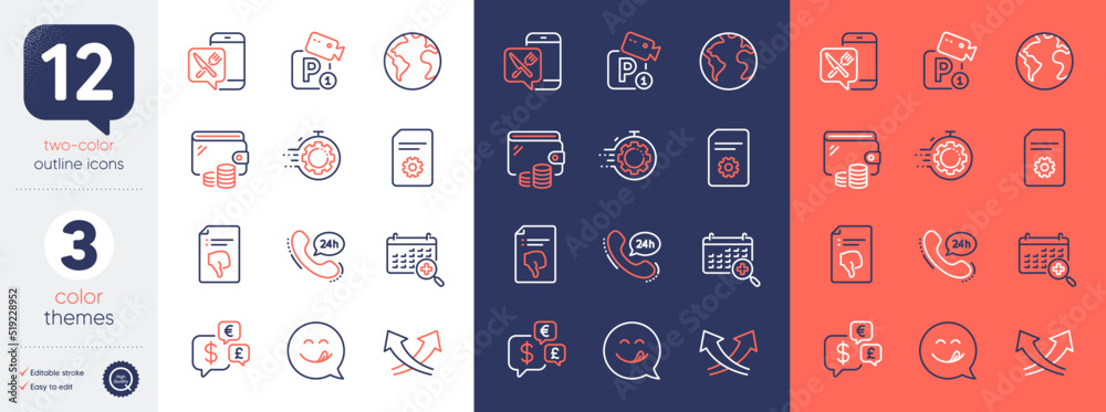 Set of Wallet, Parking security and Intersection arrows line icons ...