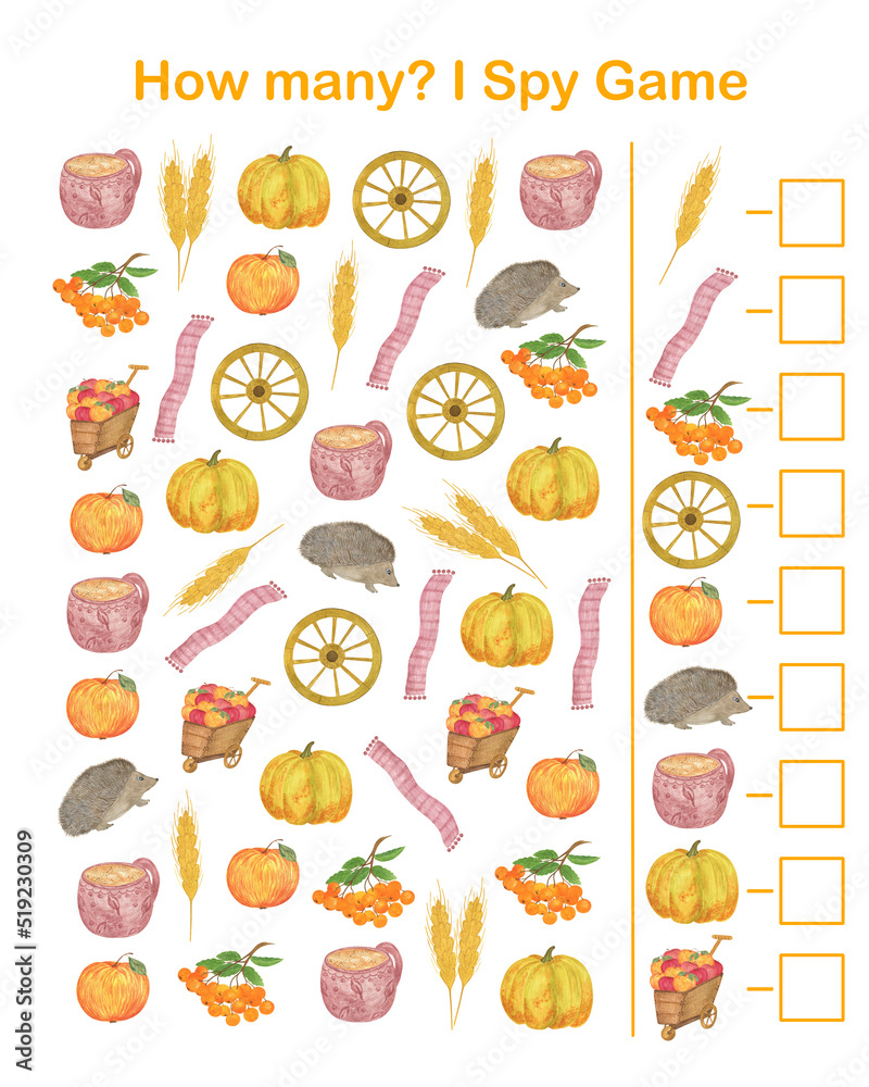 Autumn I spy, How many counting educational game for kids with autumn ...