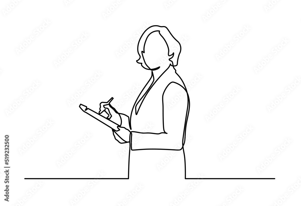 One single line drawing of young female businesswoman holding the file ...