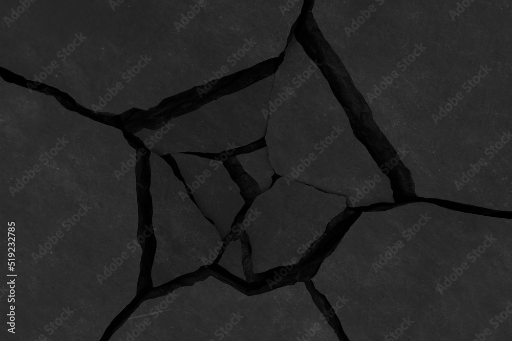 Cracks on ground 3D illustration, broken rock floor close up top view ...
