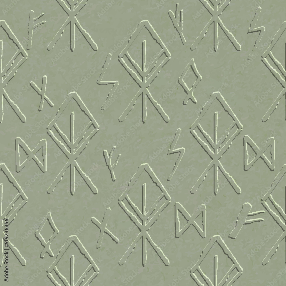 Runes. Magical runic letters 3d seamless pattern. Magic emboss signs ...