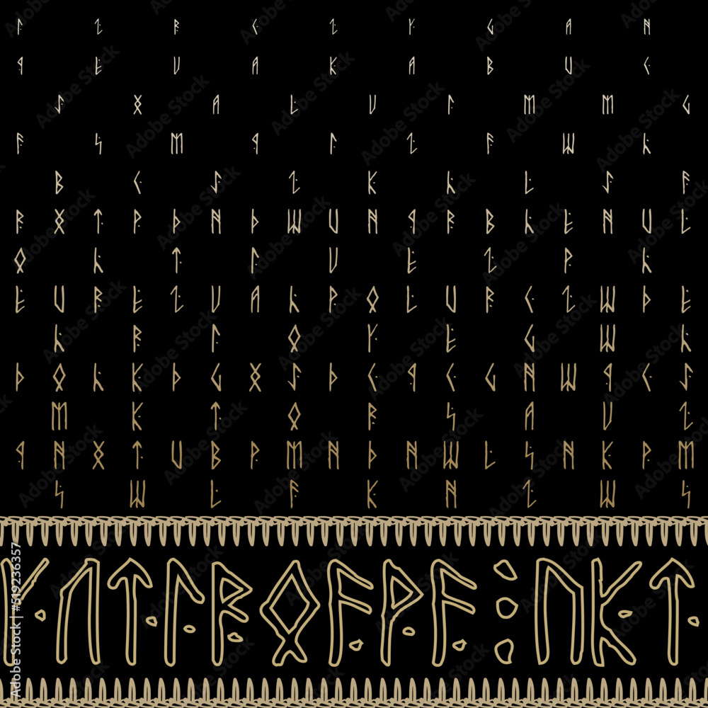 Runes. Border. Magical runic letters seamless pattern. Magic golden ...