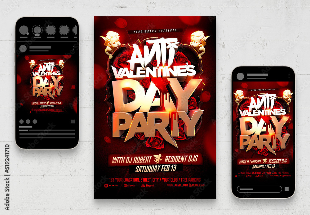 Anti Valentines Day Party Flyer with 3D Title Text Stock Template ...