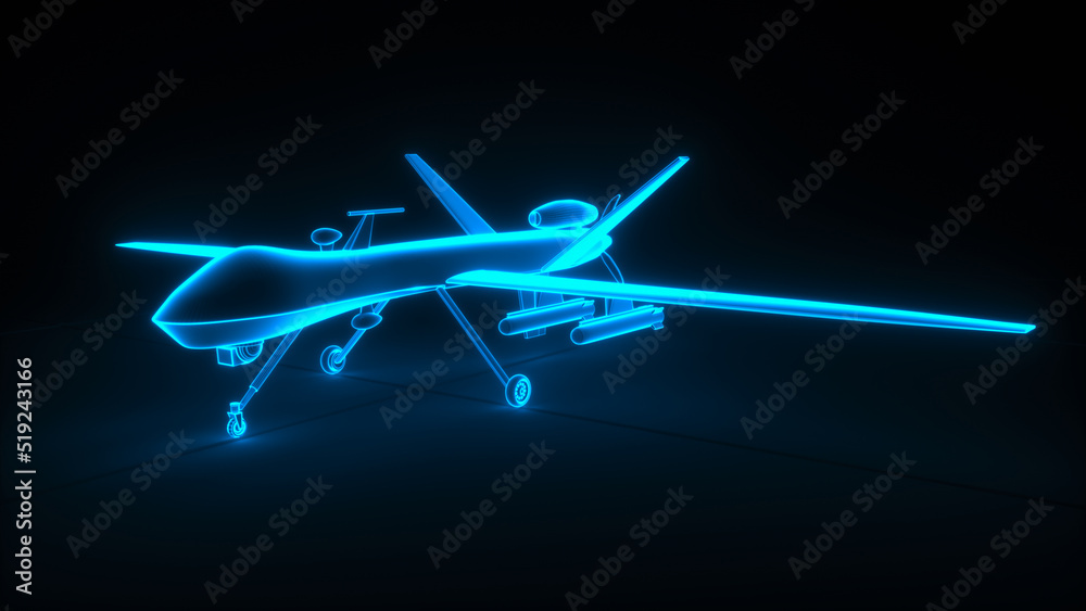 a military drone wireframe glowing blue (3d rendering) Stock ...