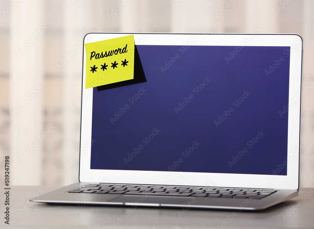 Sticky note with password on laptop indoors. Space for text Stock Photo ...