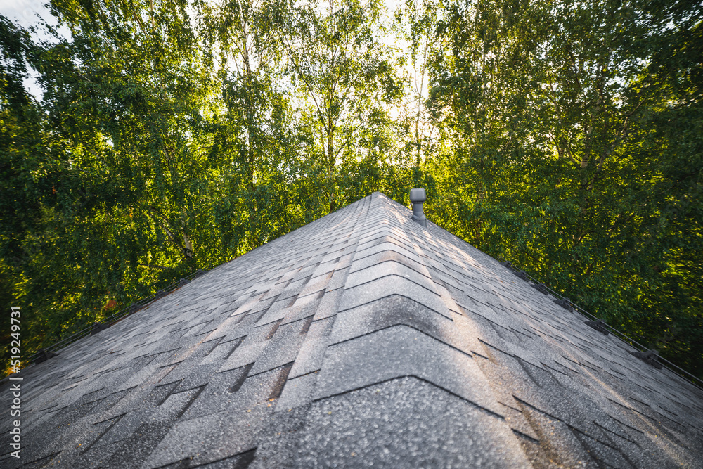 renovated roof ridge with shingles roof-tiles of a house, green trees ...