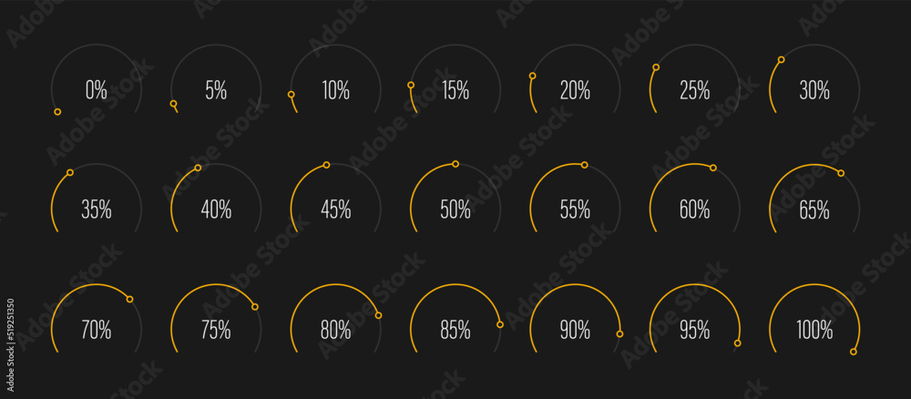 Set of circular sector arc percentage diagrams meters from 0 to 100 ...