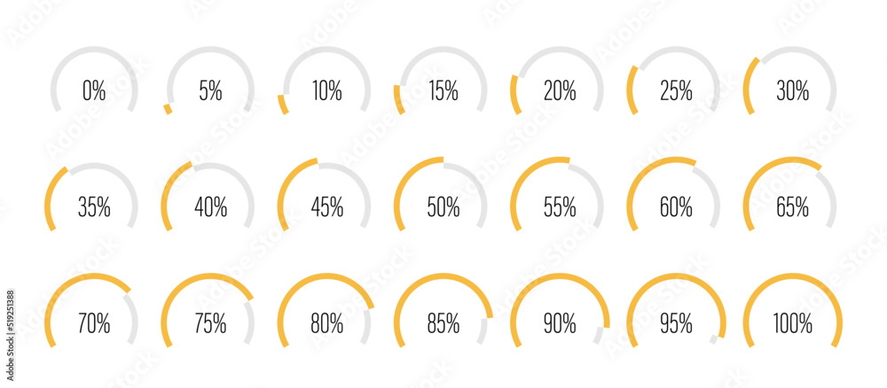 Set of circular sector arc percentage diagrams meters from 0 to 100 ...