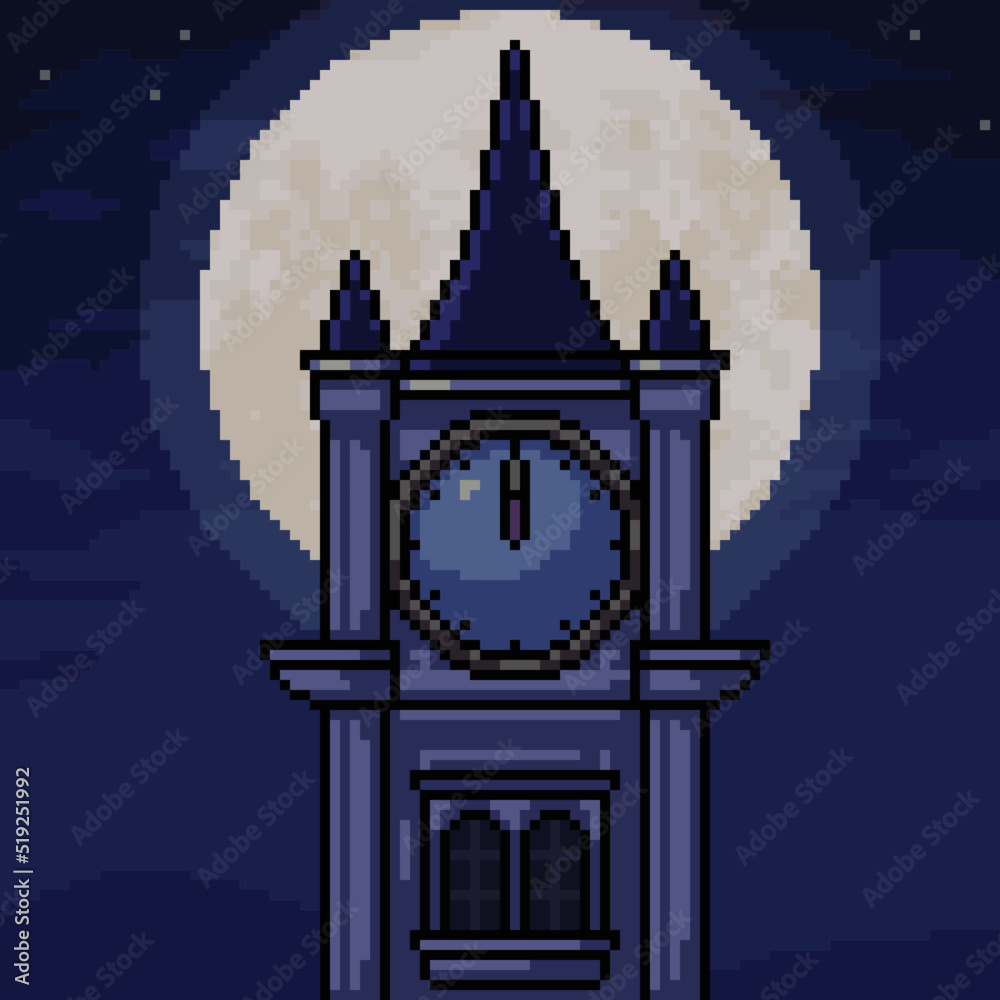 pixel art clock tower midnight Stock Vector | Adobe Stock