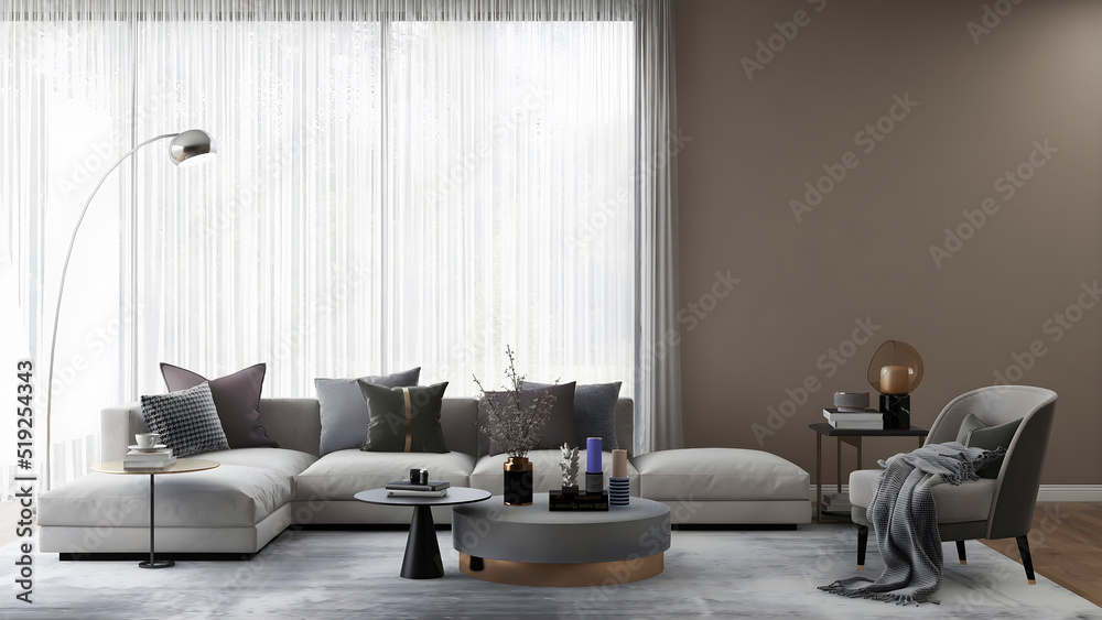 Mockup room with a brown wall, huge window, white sofa set, and grey ...