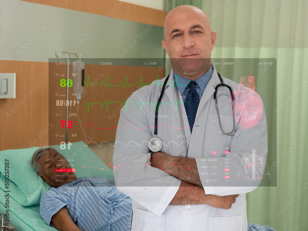 In hospital treatment room Heart Doctor smile pose infront of patient ...