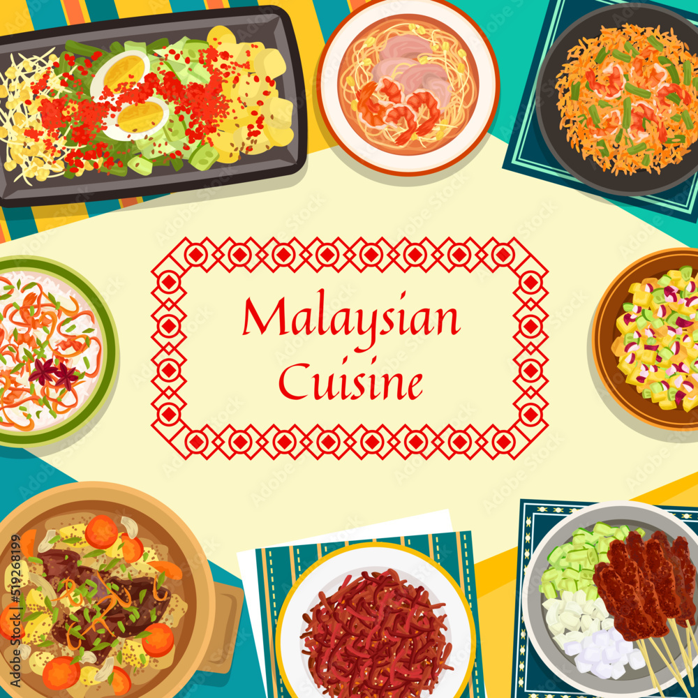 Malaysian cuisine menu cover with food dishes and meals, Asian ...