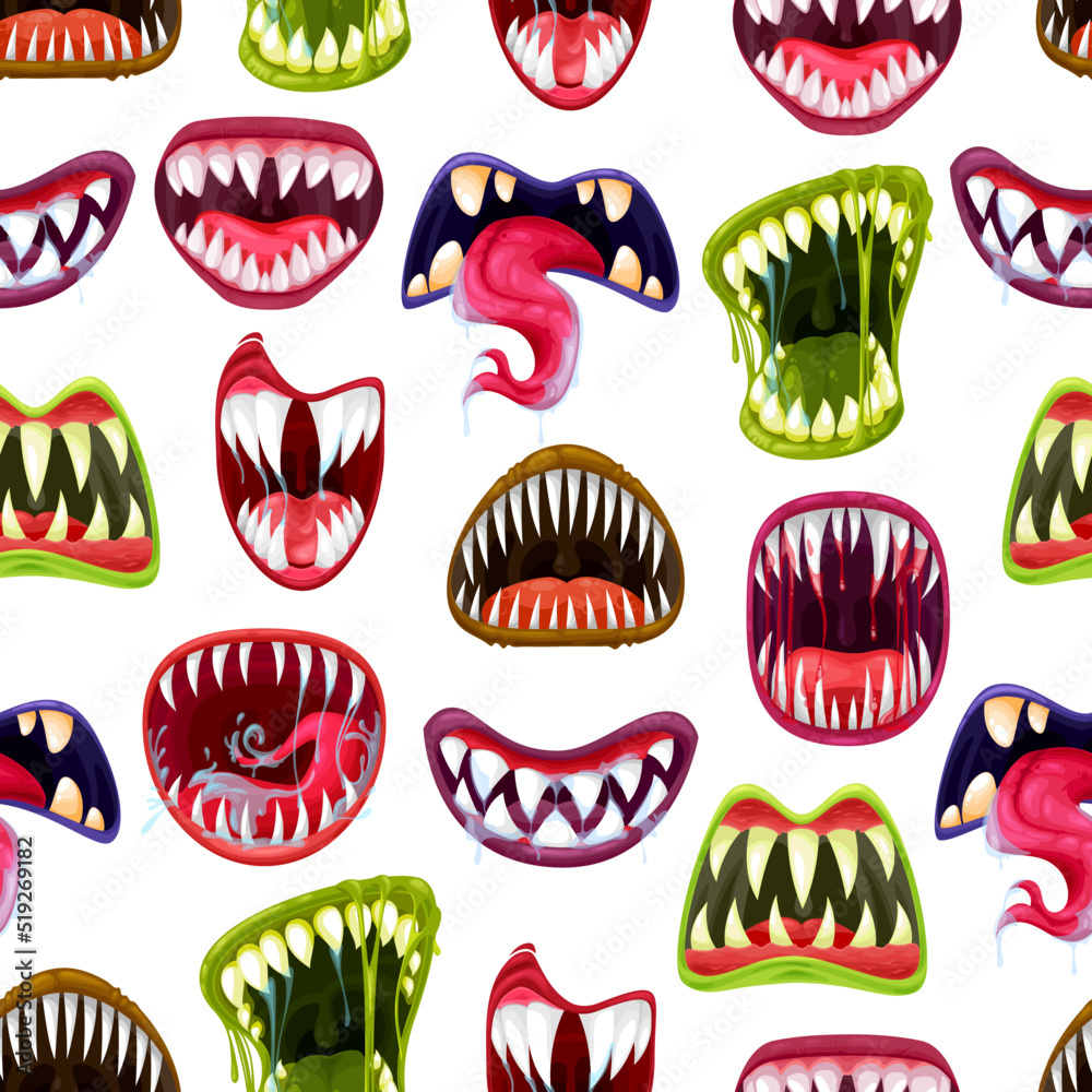 Scary monster mouths with teeth vector seamless pattern. Cartoon Halloween vampires, zombies and ...