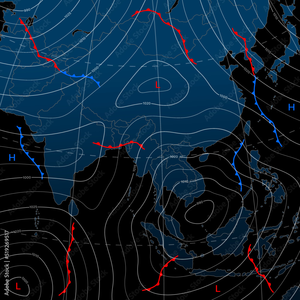 Forecast weather isobar night map of Asia, wind fronts and temperature ...