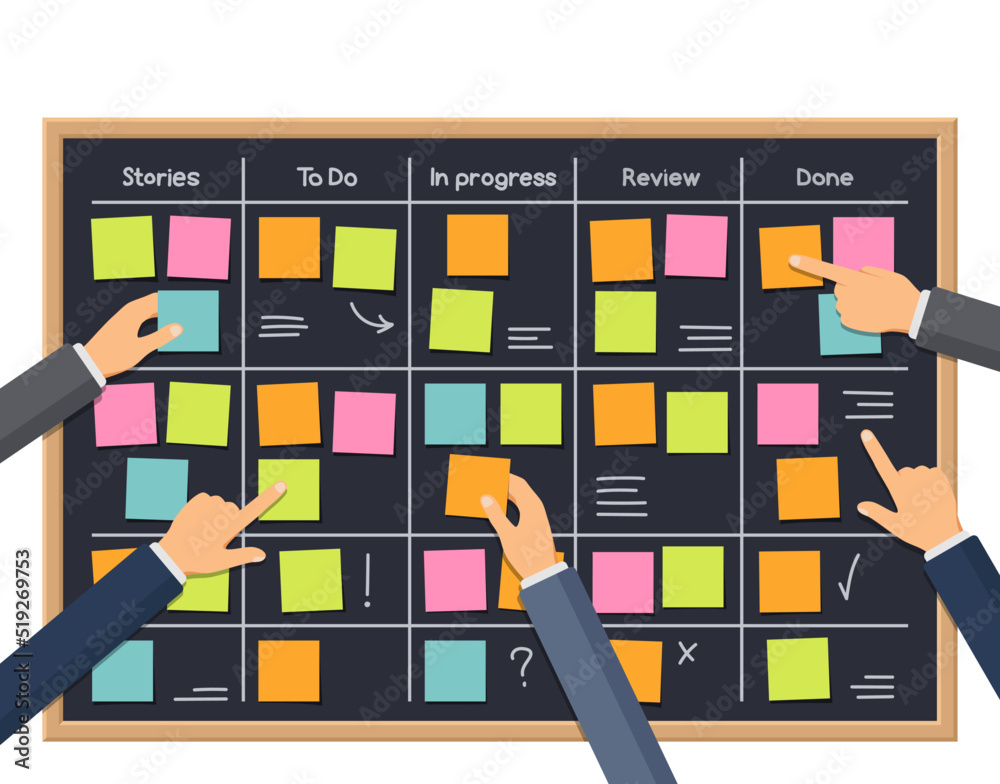 Scrum task board with businessman hands. Vector project sprint schedule ...