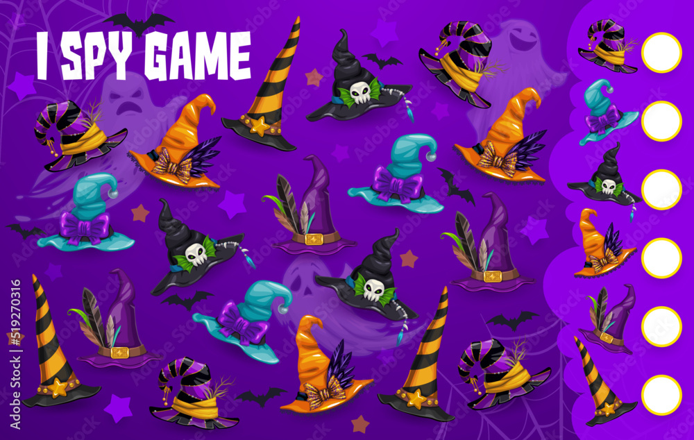 Halloween I spy game, find two same witch and wizard hats, vector ...