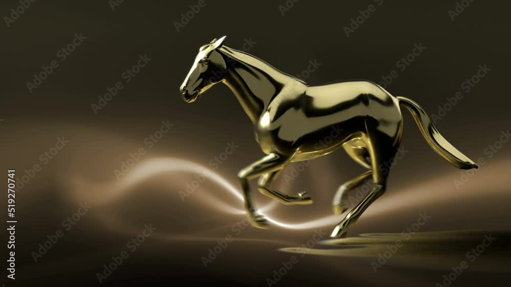 Gold glossy horse sculpture running pose on dark gold light lines ...