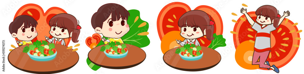 2d cartoon happy cute kids, boy and girl eat healty vegetable food and ...