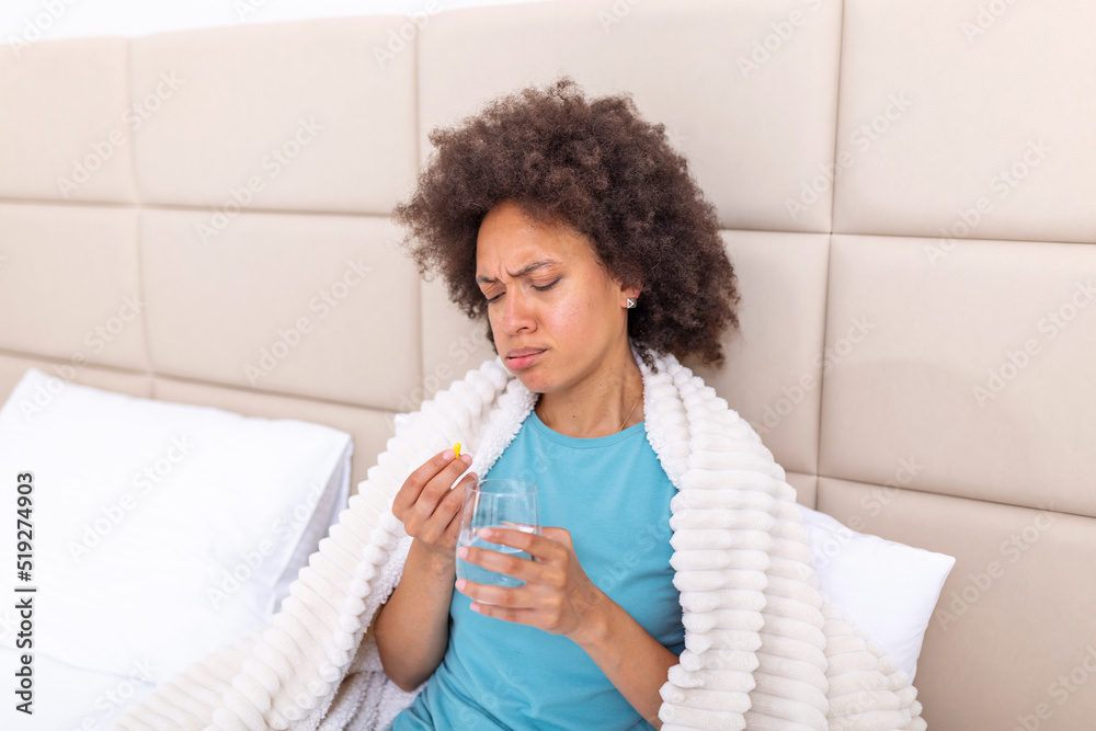 Millennial ill sick woman taking painkiller medicine to relieve ...