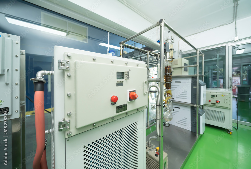 Marijuana, hemp or cannabis plant leaves farm equipment in lab room ...