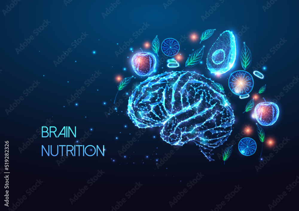 Poster Brain nutrition, biohacking concept with human brain and healthy ...