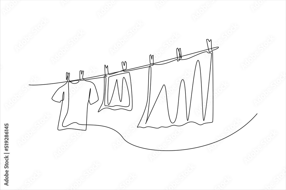 Continuous one line drawing clean clothes hanging on a rope. Laundry ...