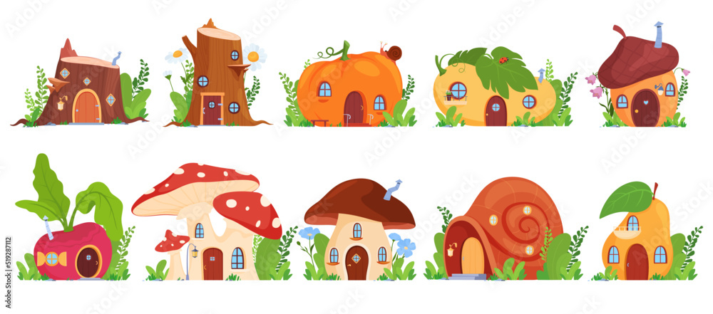 A set of beautiful fantasy houses. Illustration of children fairy-tale ...
