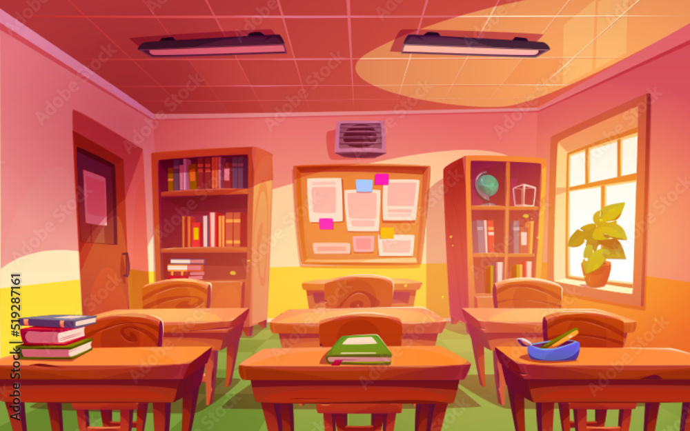 Classroom interior, school or college class with textbooks lying on ...